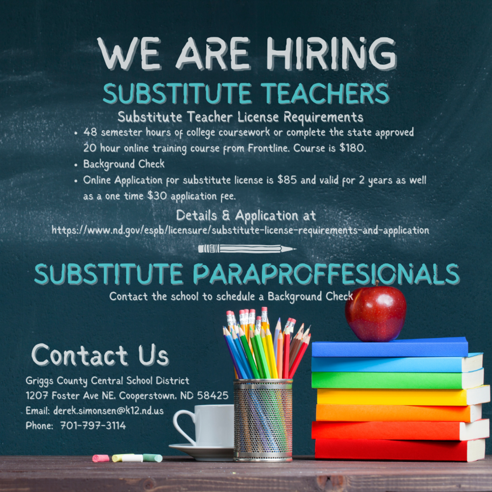 Substitute Teachers and Paras Wanted | Griggs County Central School ...