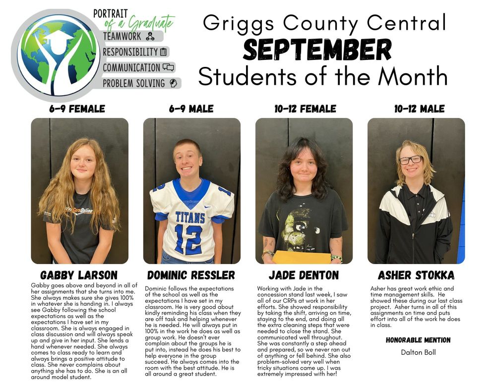 September Students of the Month | Griggs County Central School District